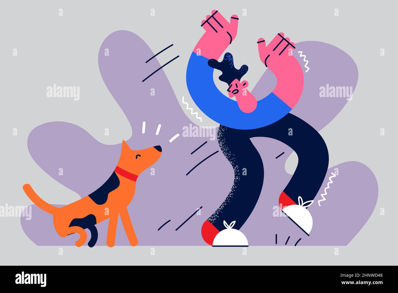 Being afraid of dogs concept. Young stressed man boy cartoon character ...