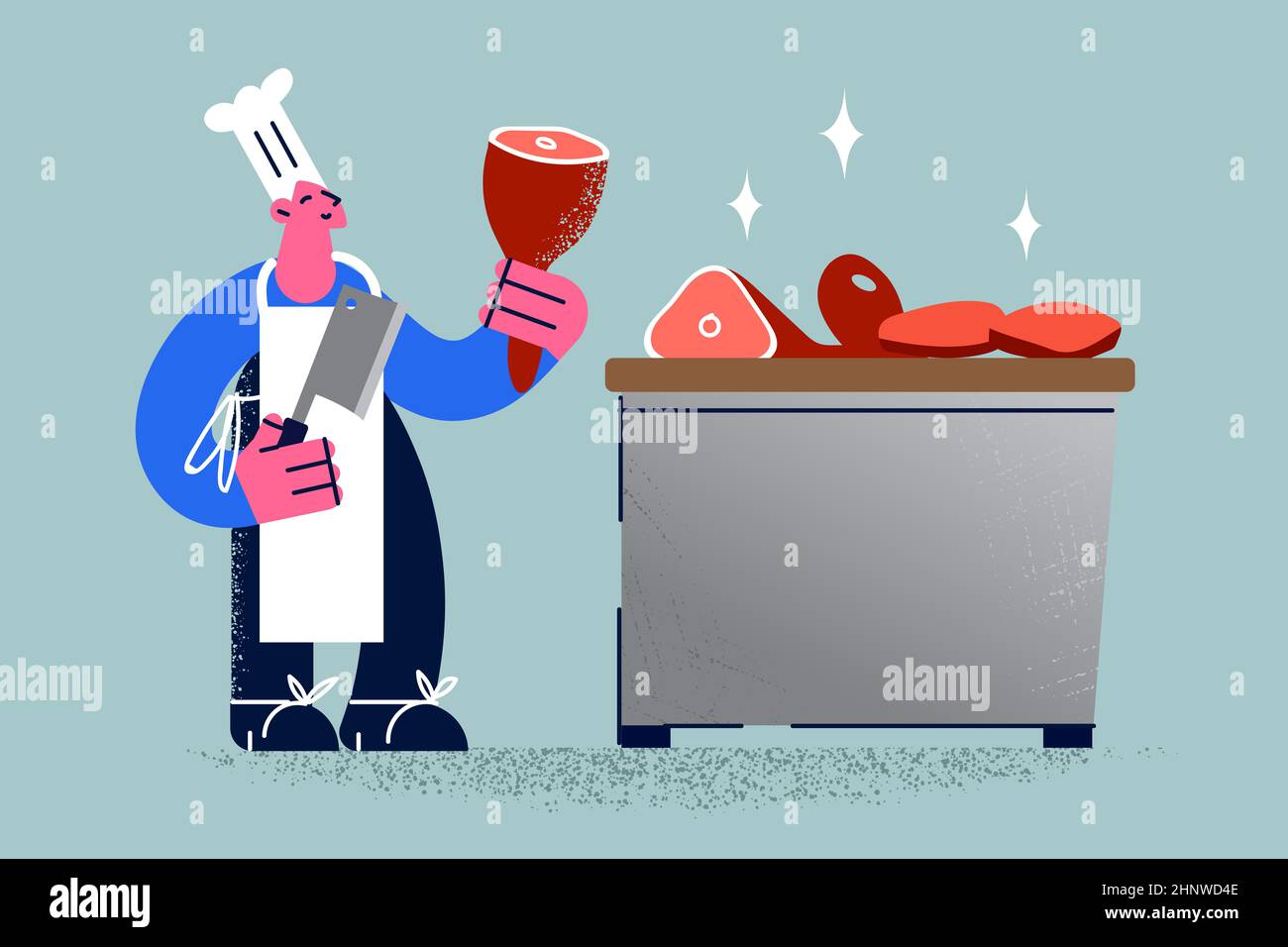 Working as butcher with meat concept. Young man butcher cartoon ...