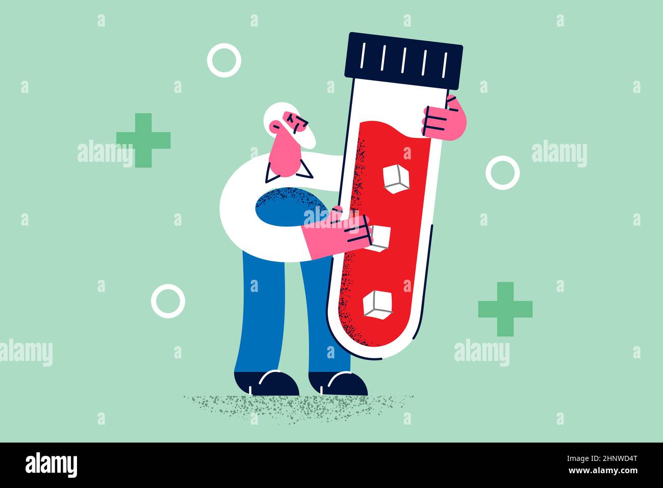 Examining blood and healthcare concept. Old grey haired man cartoon ...