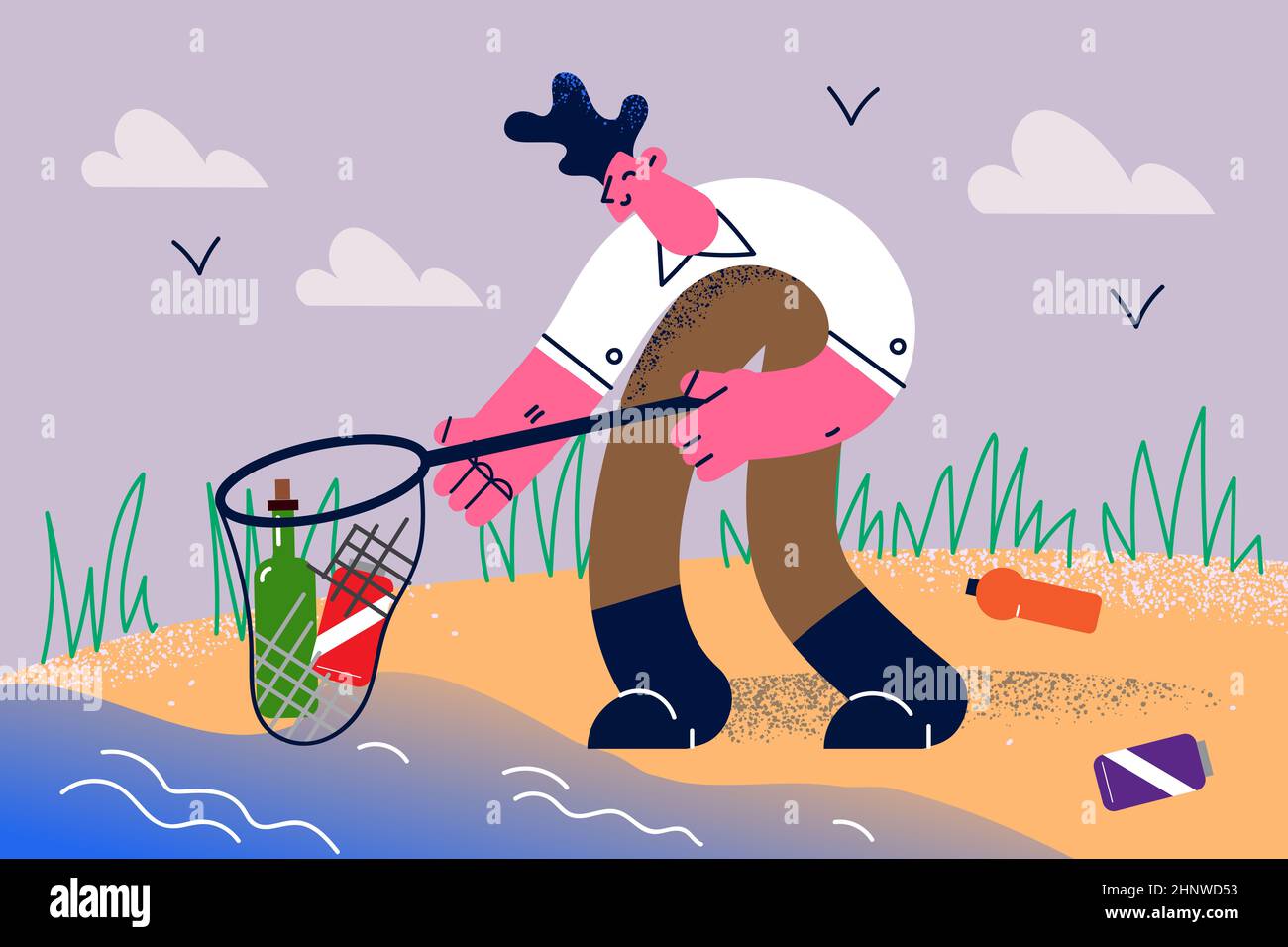 Environment care Ecology concept. Young smiling man cartoon character ...