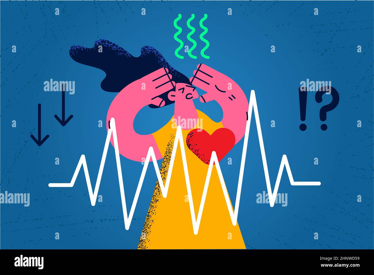 Panic and heart attack concept. Young furious stressed woman cartoon ...