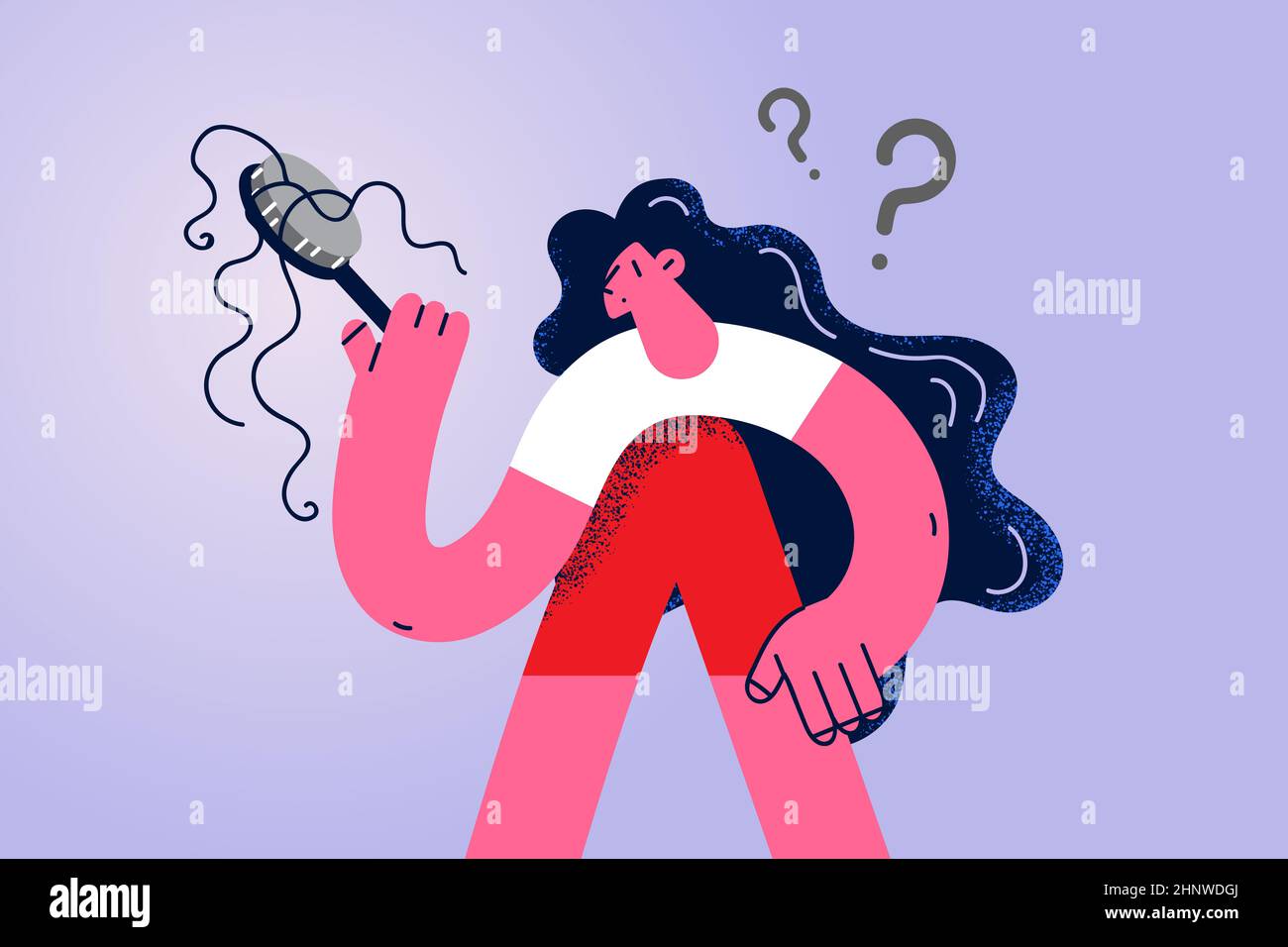 Hair loss and balding concept. Young stressed woman cartoon character ...
