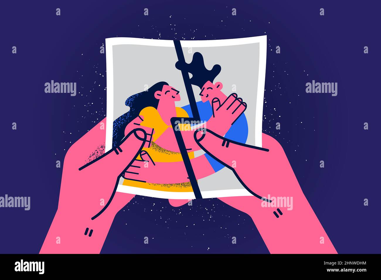 Breaking up and split away concept. broken photo of young happy couple ...