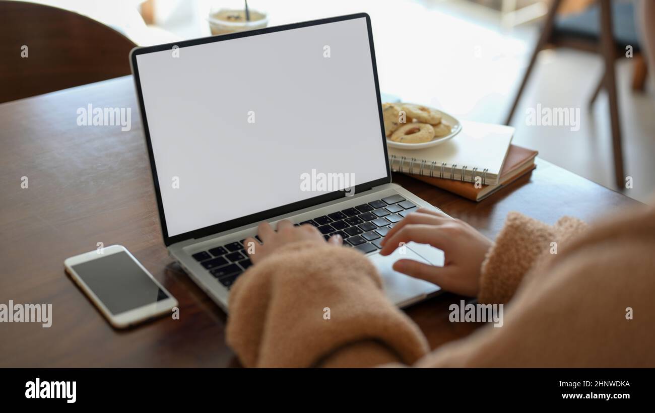 A female typing on portable laptop computer, remote working at cozy ...