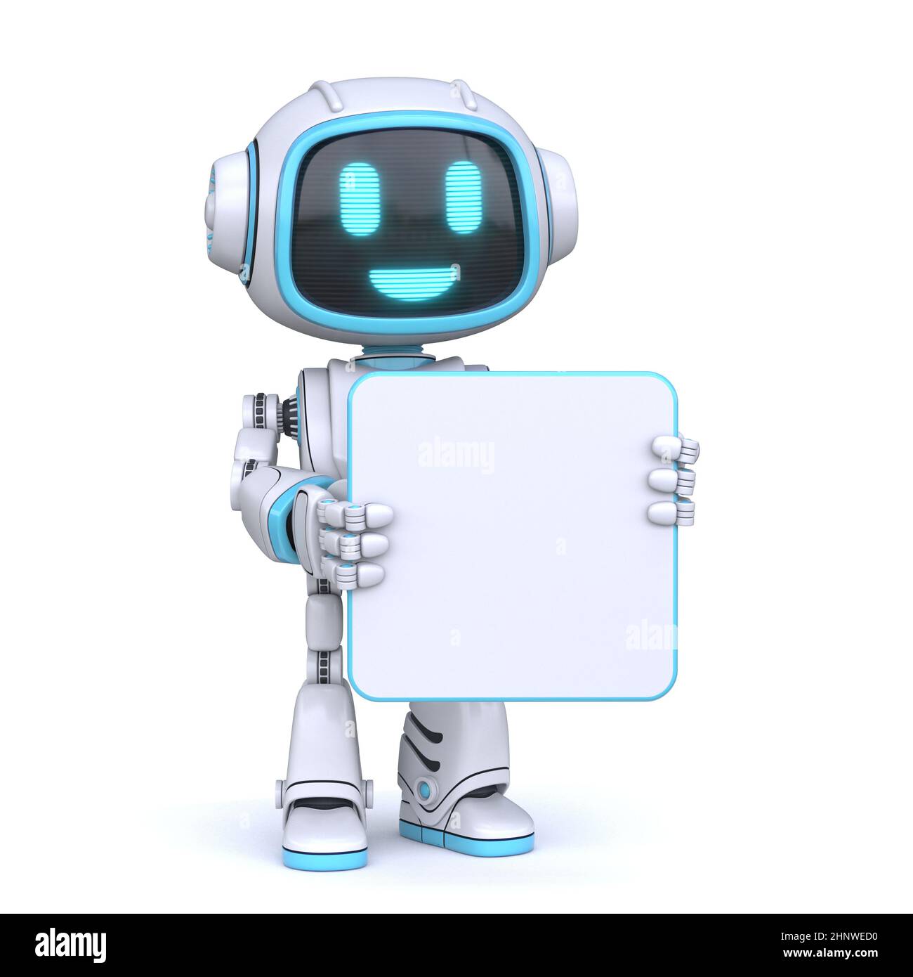 Cute blue robot holding blank square board 3D rendering illustration ...
