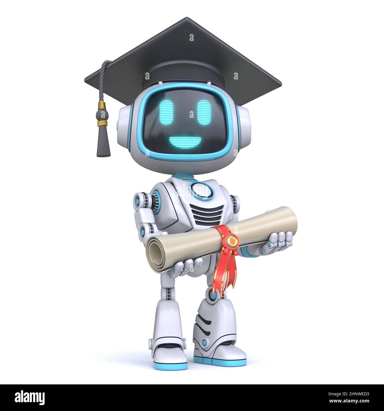 Cute blue robot giving diploma 3D rendering illustration isolated on ...