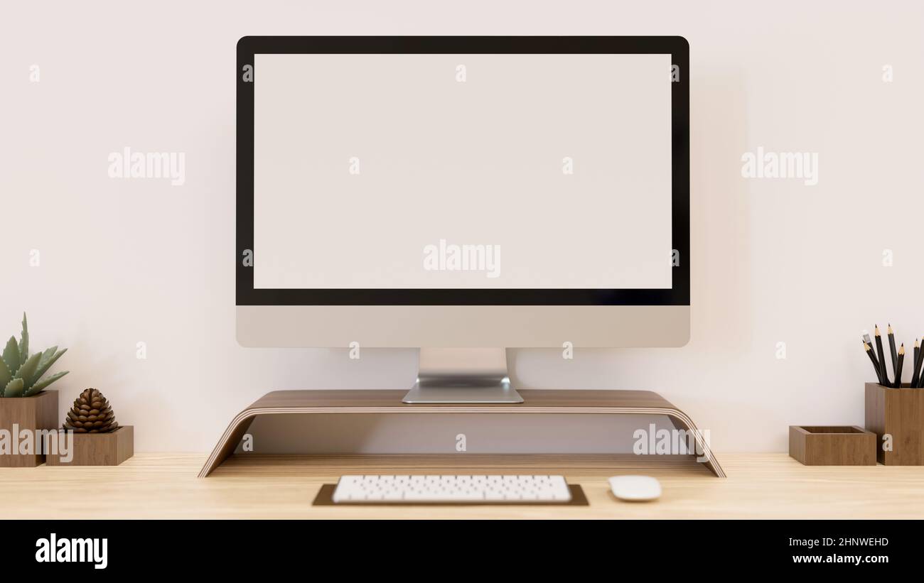 Modern office working desk with pc desktop computer blank screen mockup ...