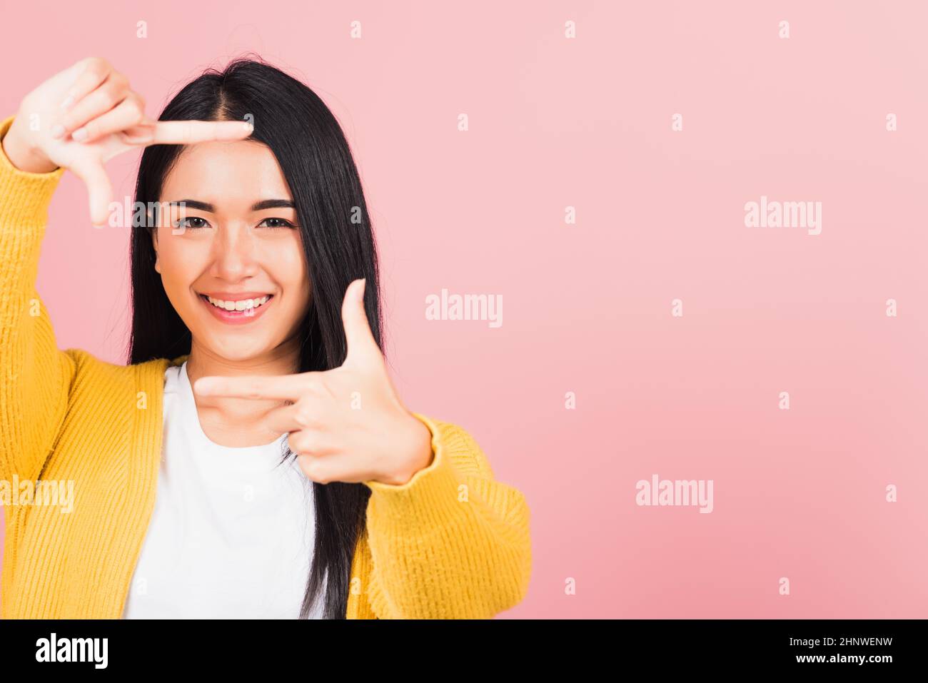 Portrait Asian beautiful happy young woman photographer smile execute ...