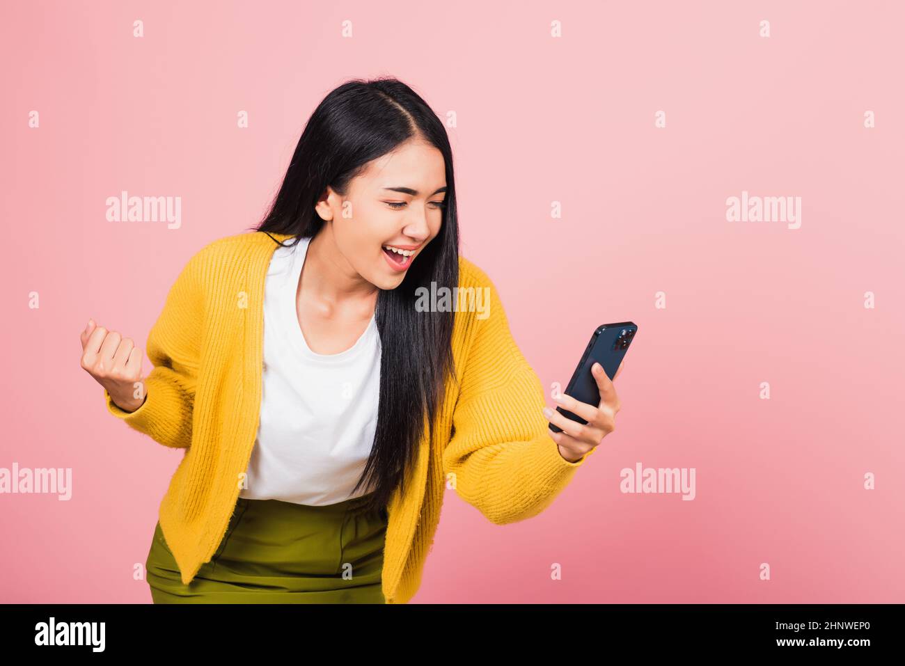 Happy Asian portrait beautiful cute young woman teen smiling excited ...