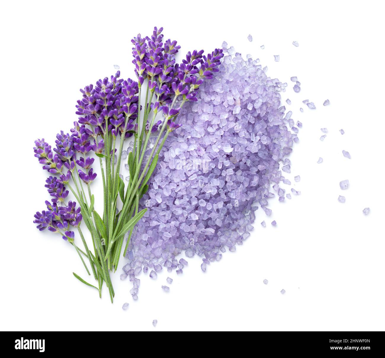 Lavender flowers and salt isolated on white background. Top view Stock ...