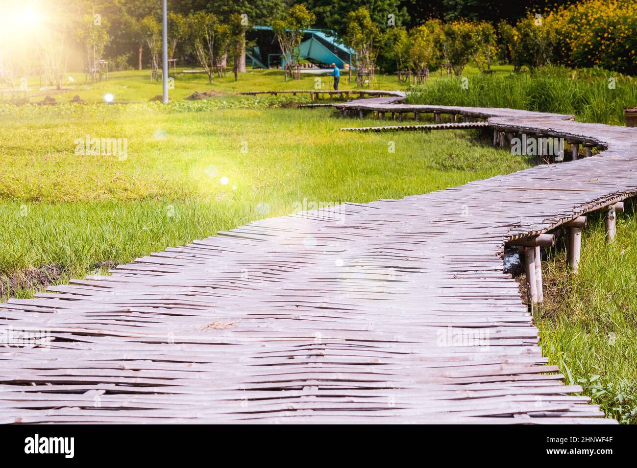 Curve Bamboo Bridge. Curved wooden bridge at park in paddy field Stock ...
