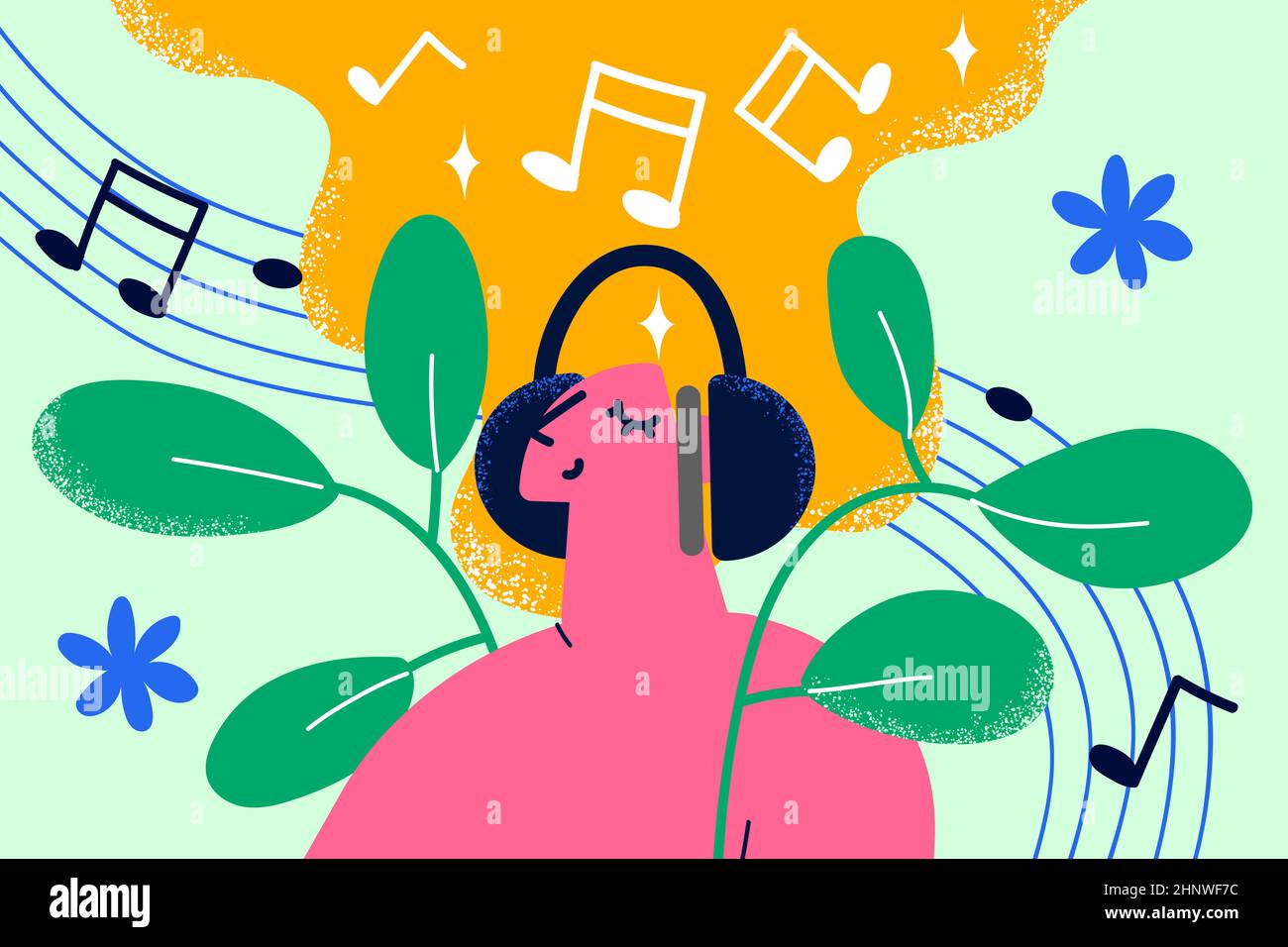 Enjoying listening to music concept. Young smiling woman cartoon ...