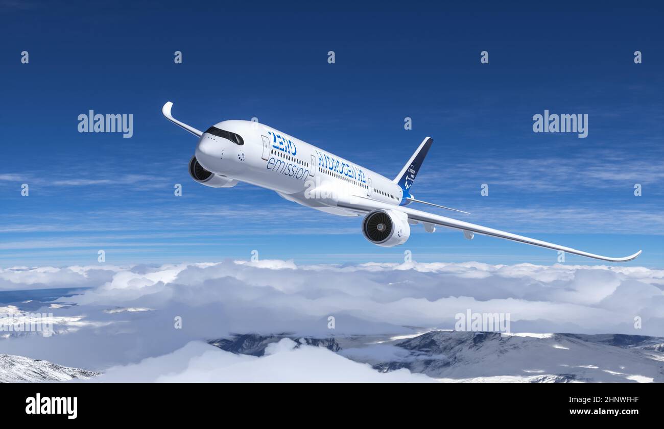 Hydrogen filled H2 Airplane flying in the sky - future H2 energy ...