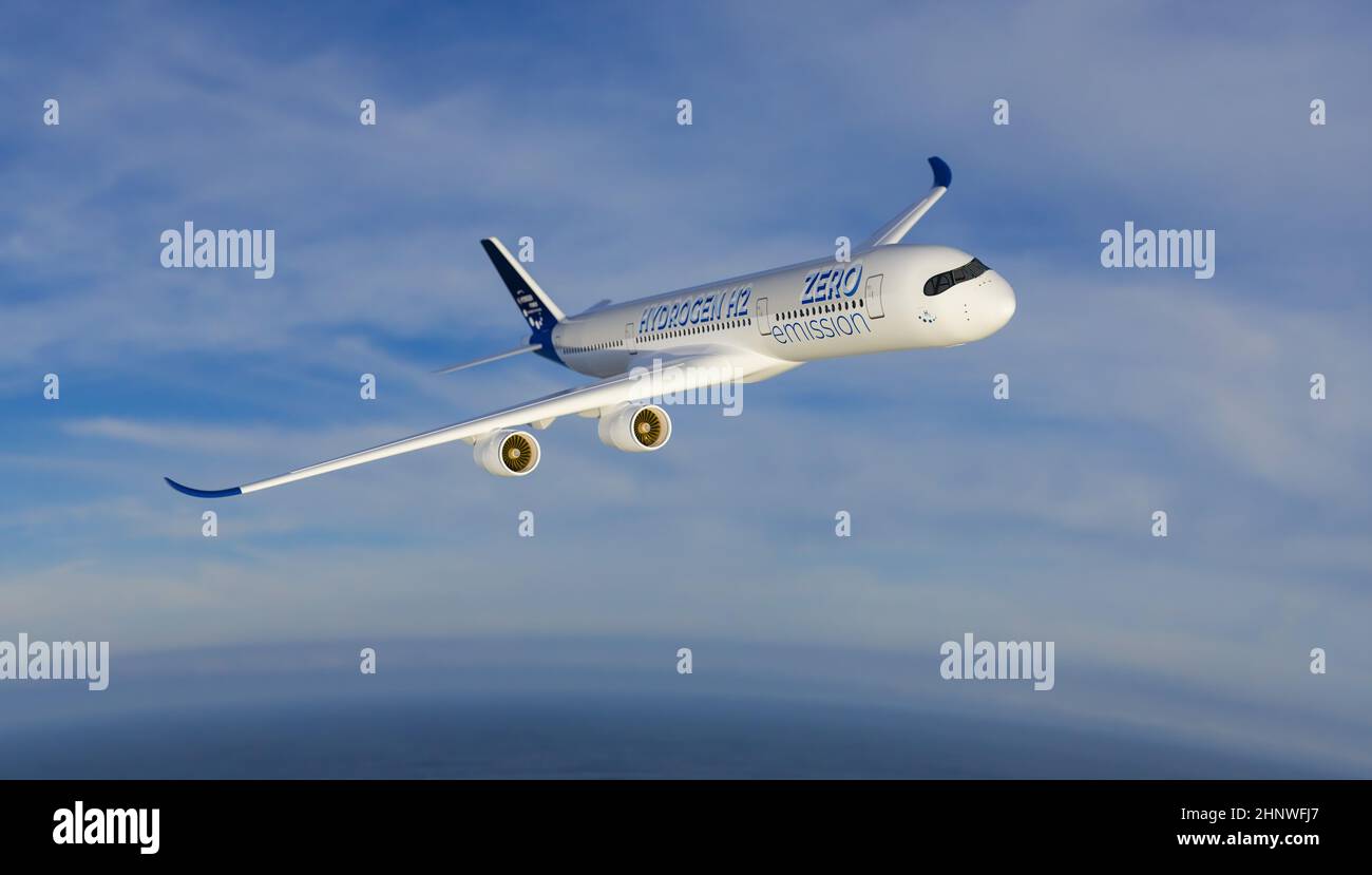 Hydrogen filled H2 Airplane flying in the sky - future H2 energy ...