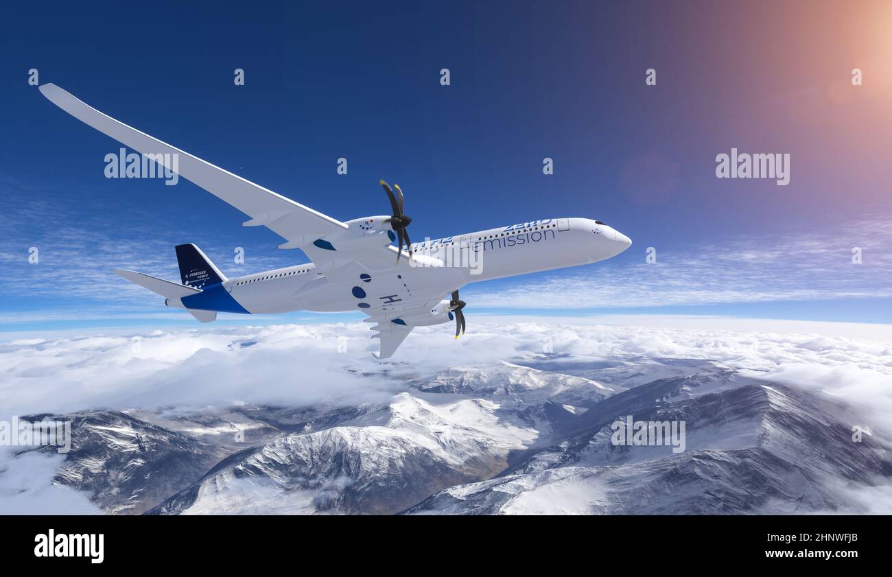 Hydrogen filled H2 propeller Airplane flying in the sky - future H2 ...