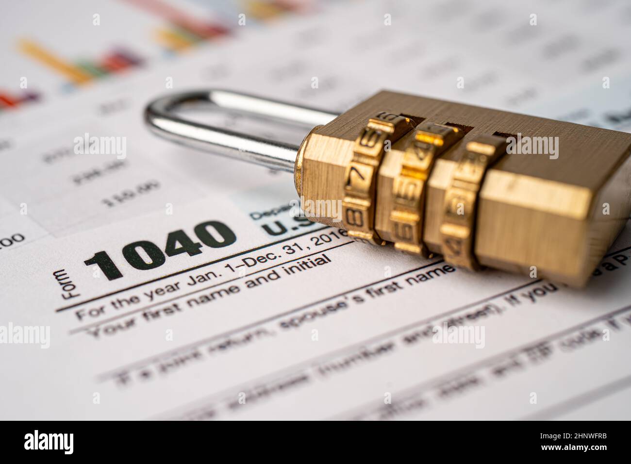 Tax Return form 1040 and Golden security digital password lock key, U.S ...