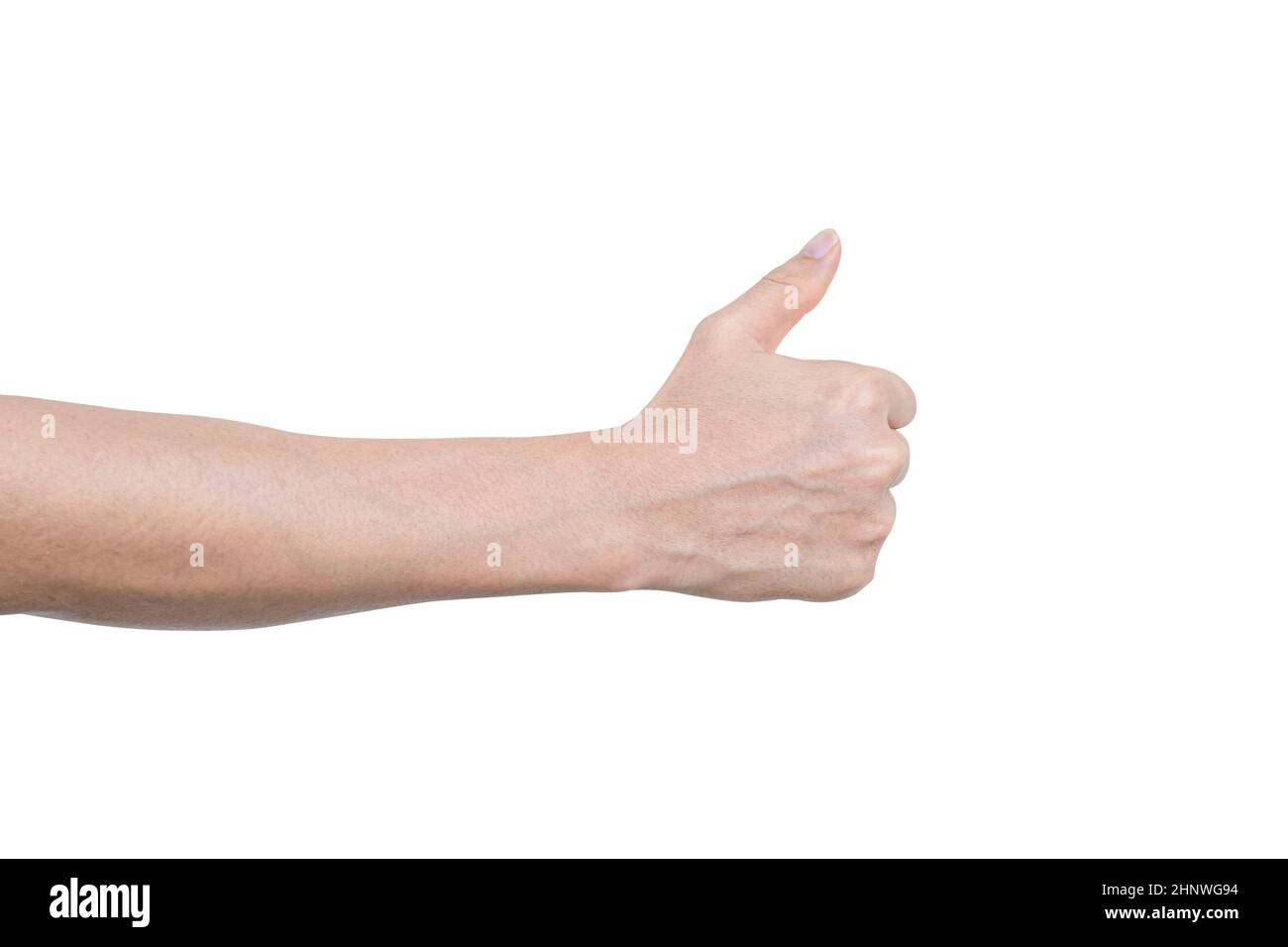 Closeup of male hand showing thumbs sign isolated on white background ...