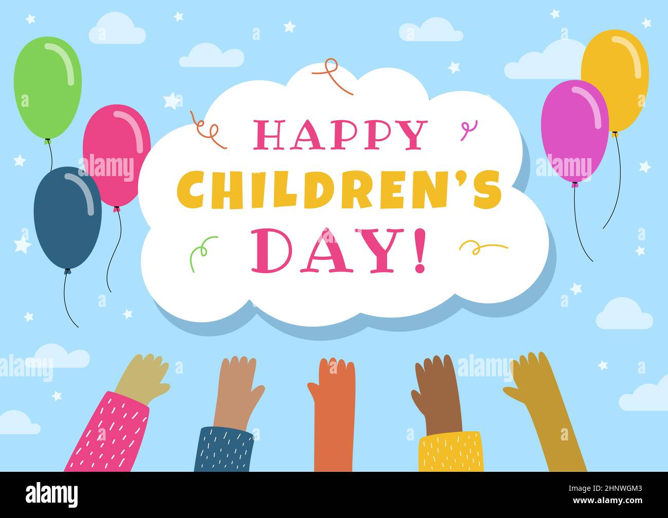 Happy world children's day banner concept. Kids raised their hands up ...