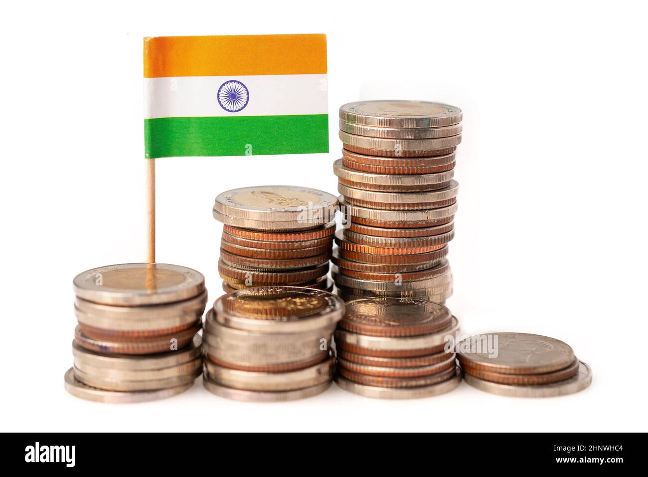 Stack of coins with India flag on white background Stock Photo - Alamy