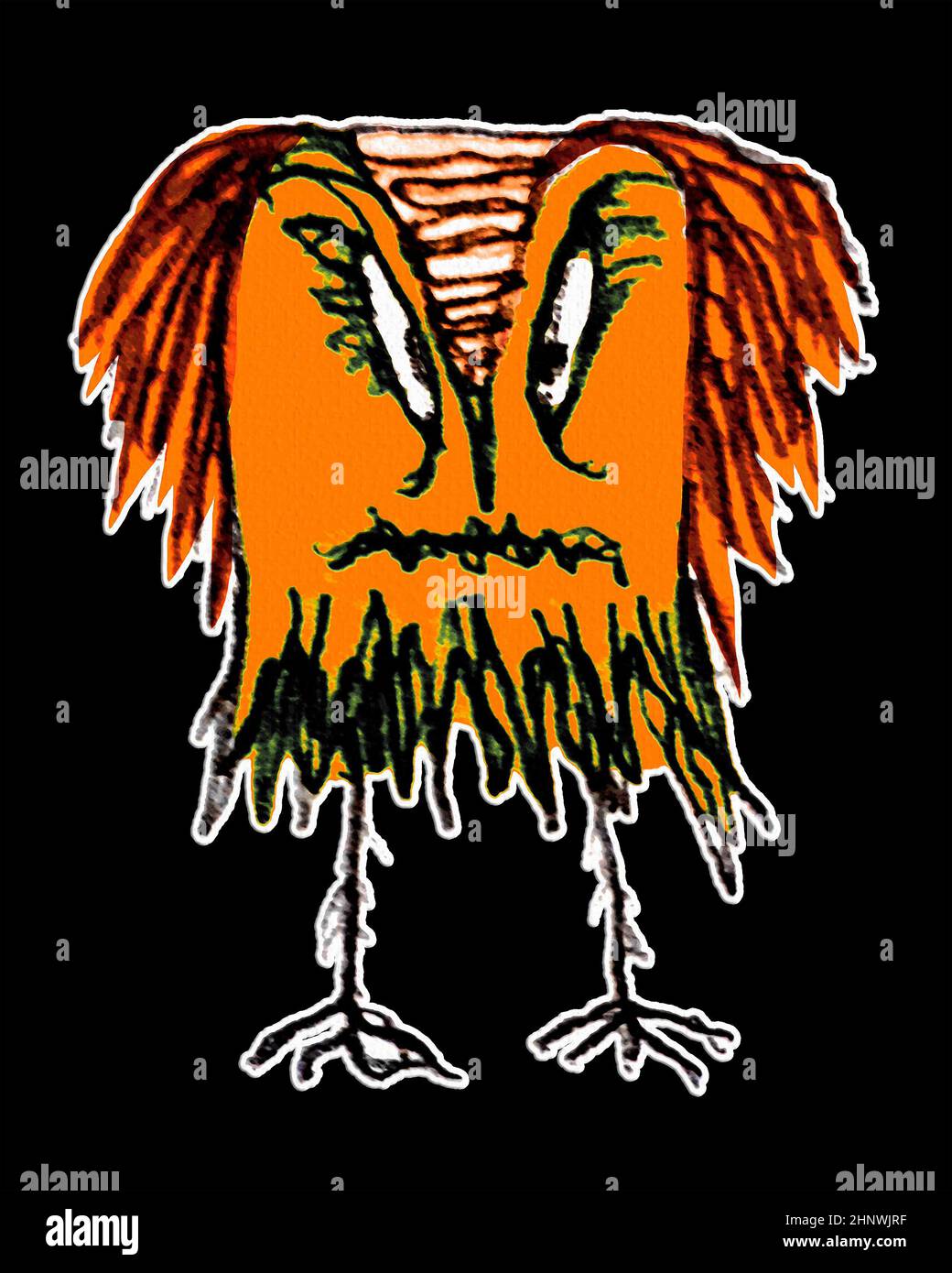 Sketchy style funny ugly bird colored monster bird on black background ...