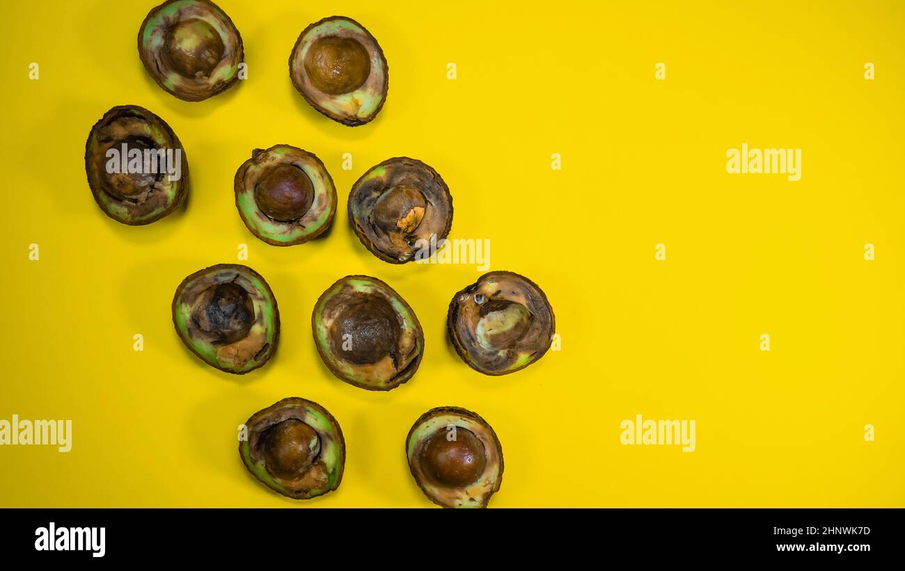 Rotten Avocado halves on Yellow Background. Food Fruits cannot be eaten ...