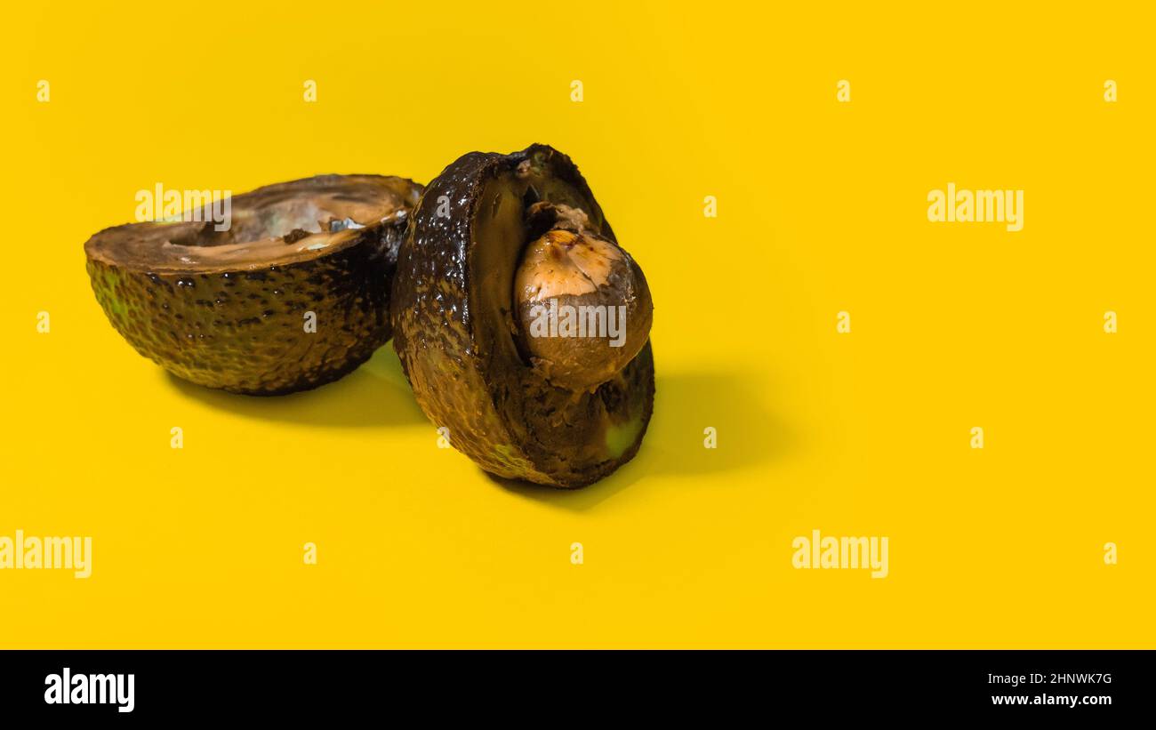 Bad avocado. Ugly fruits on Yellow background. Rotten tropical fruits ...