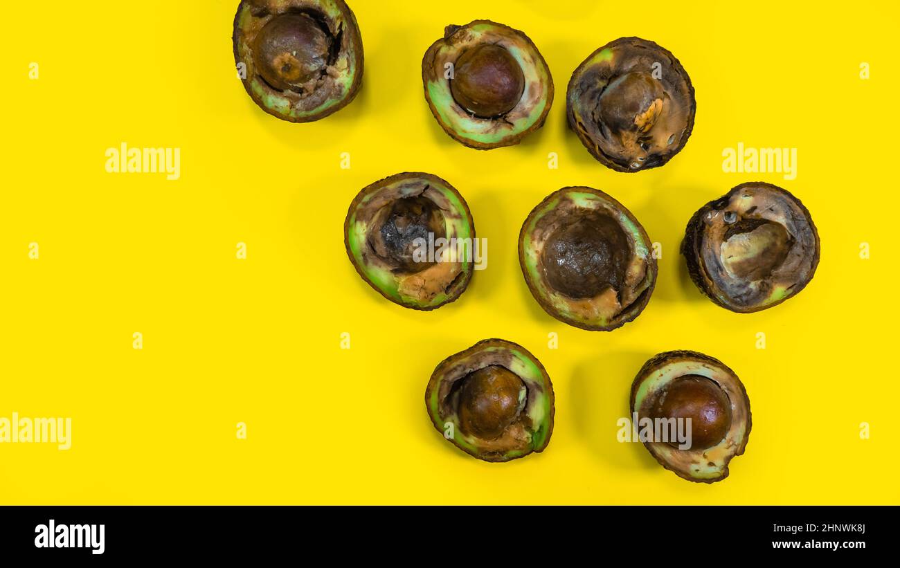 Many Bad Avocado on a yellow background. Creative composition of bad ...