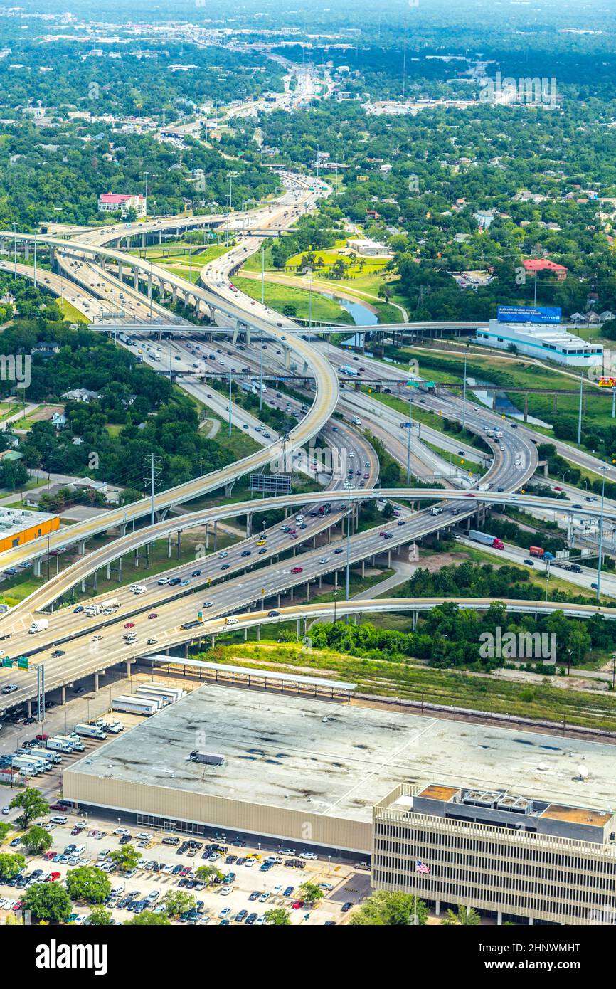 aerial of modern highway, bridges and streets in Houston, Texas Stock ...