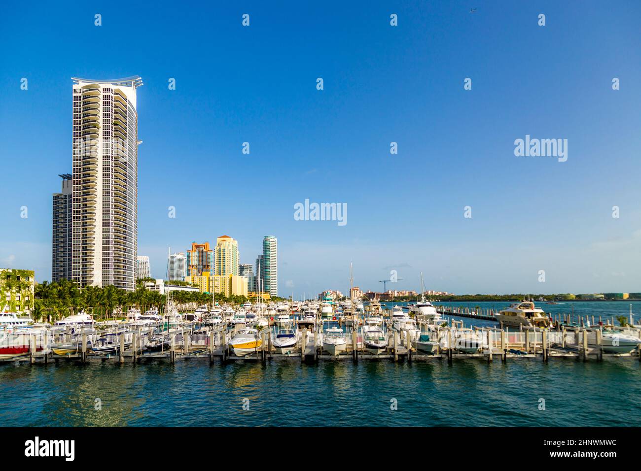 Miami south beach marina with skyline under blue sky Stock Photo - Alamy