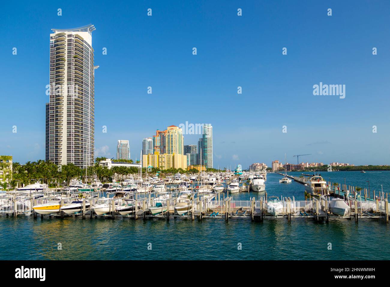 Miami south beach marina with skyline under blue sky Stock Photo - Alamy