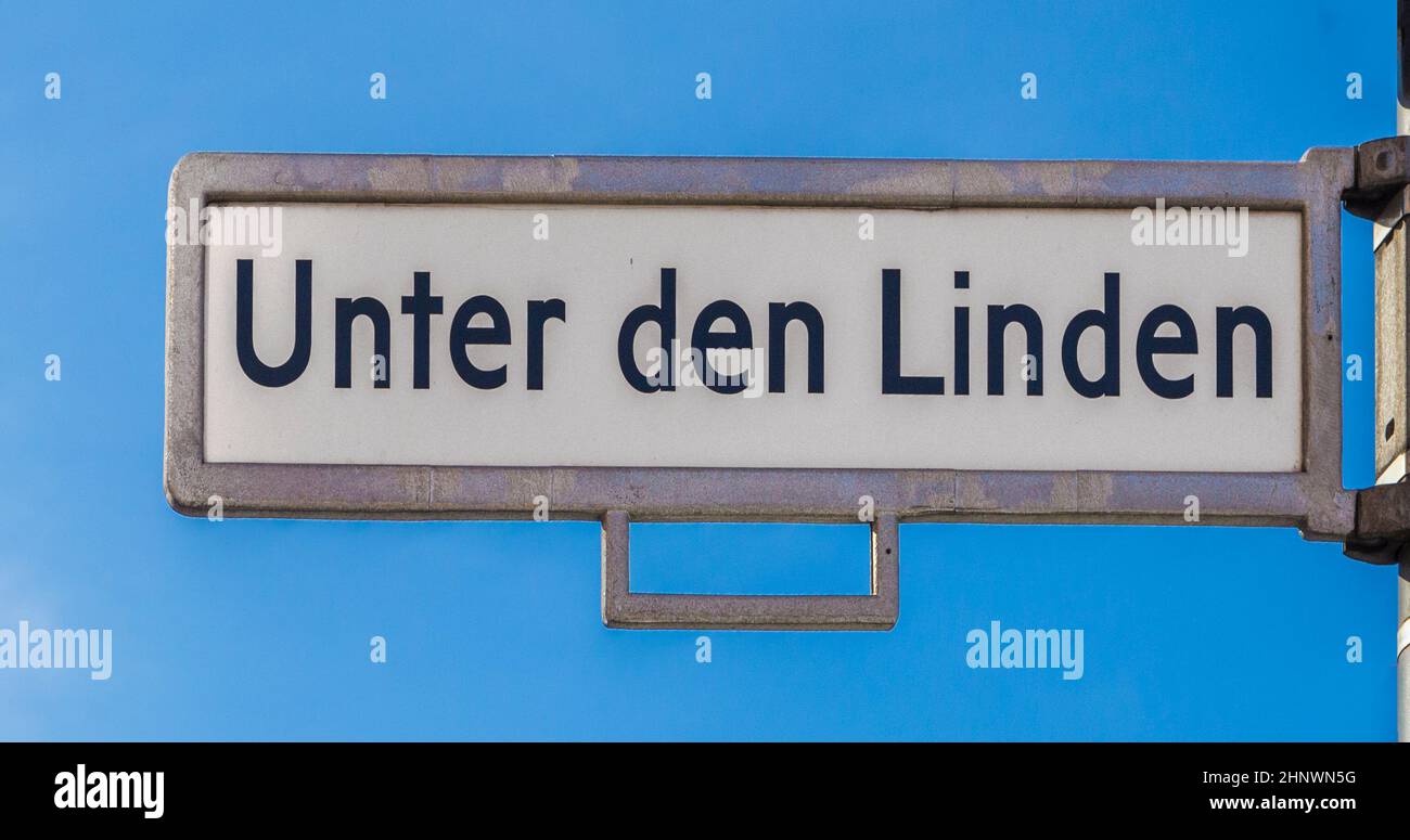 Street sign with name under the lime tree (Unter den Linden) in Berlin ...