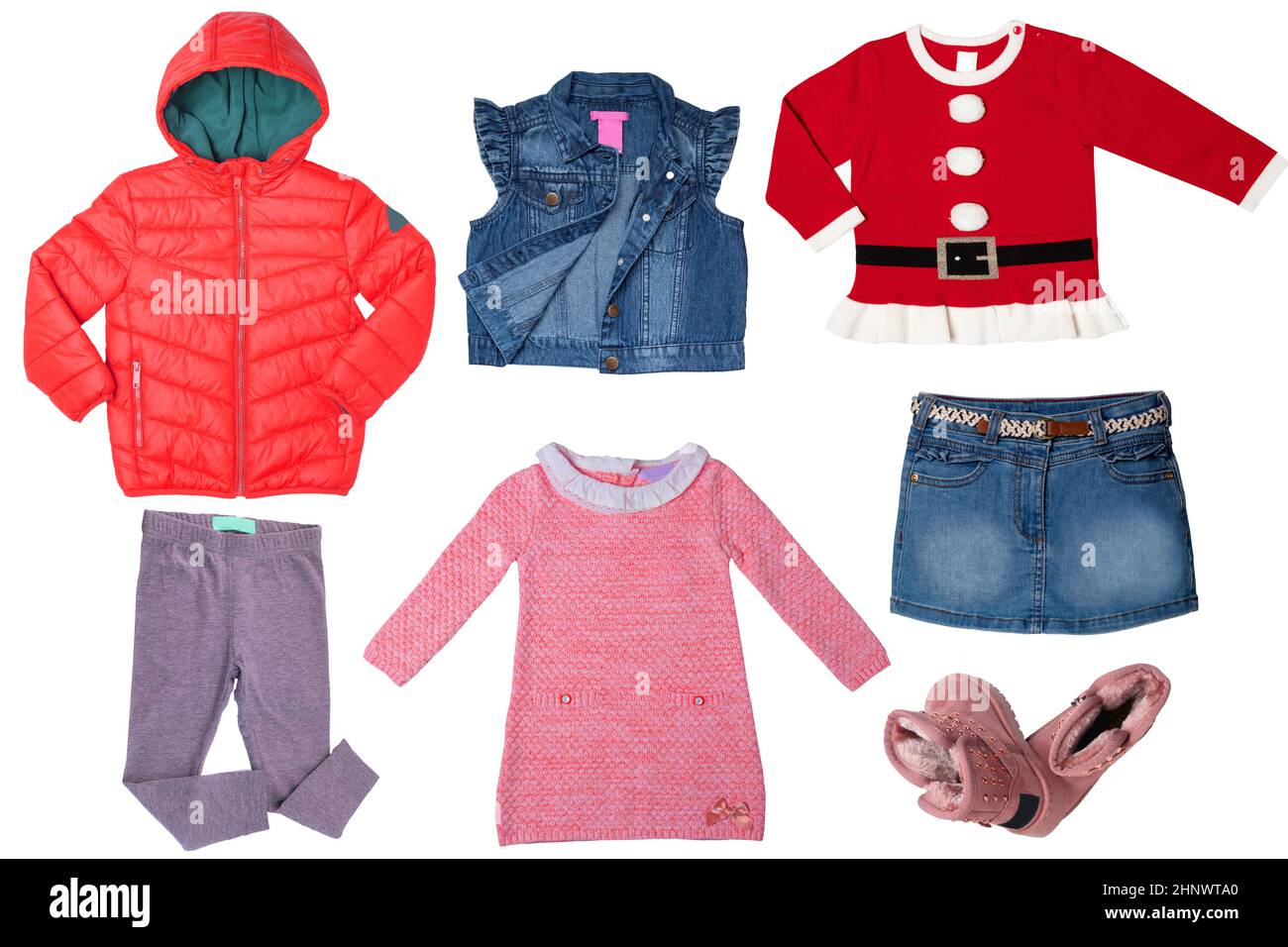 Collage set of clothes for a little girl isolated on a white background ...