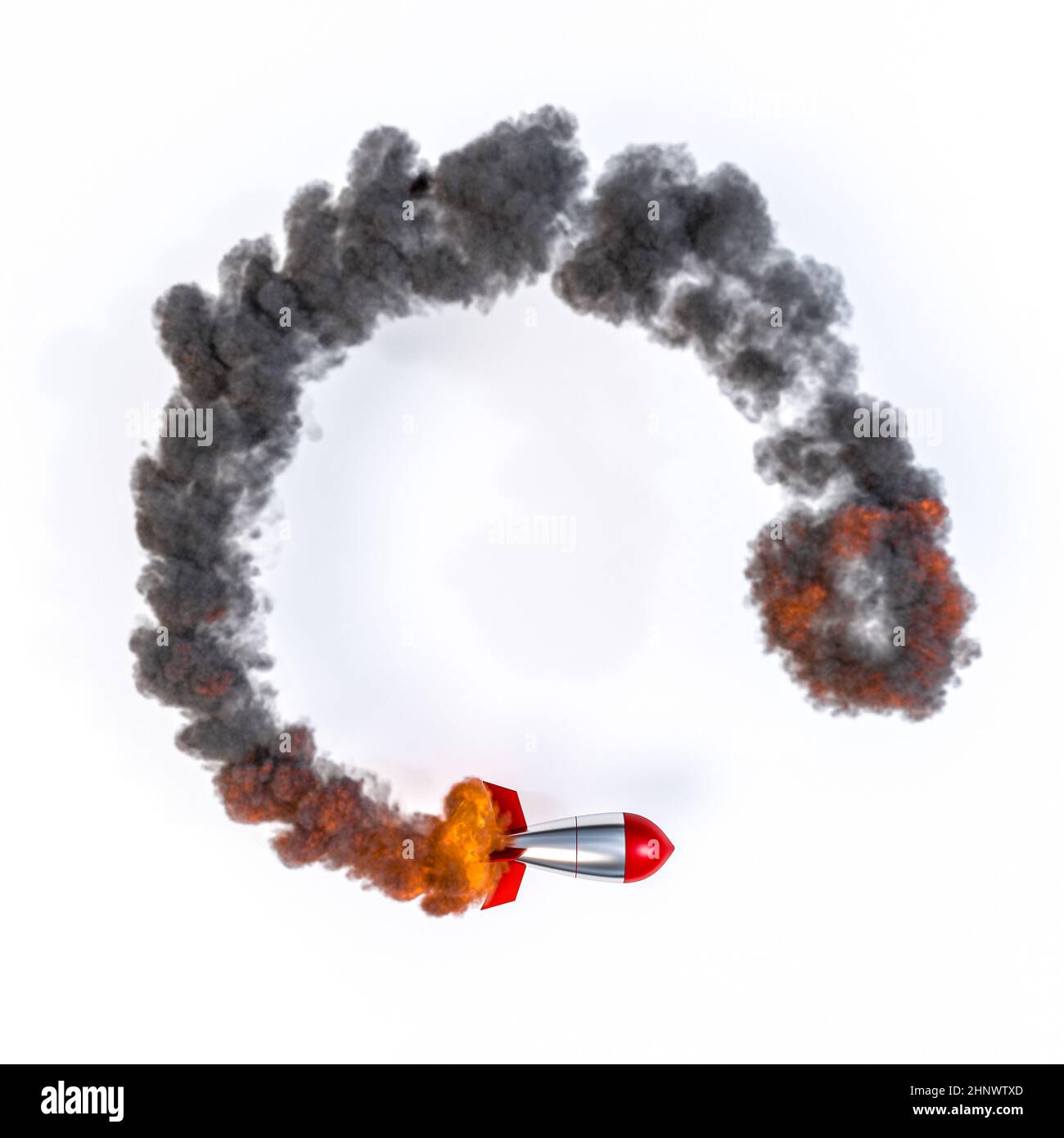 metallic rocket with flames trail and circular smoke on white. 3d ...