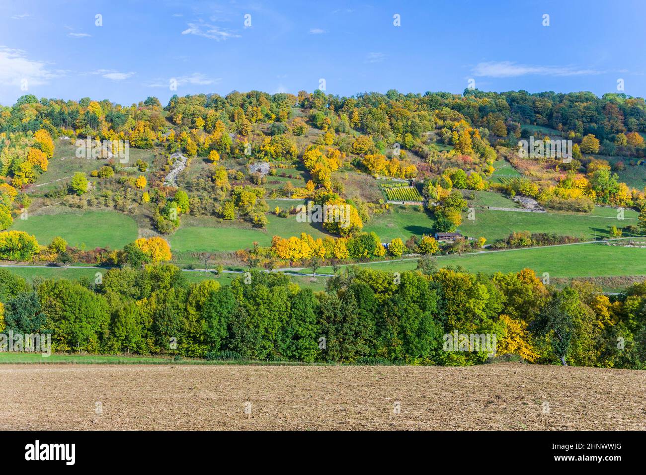 Hills and meadows in the lovely river Tauber valley Stock Photo - Alamy