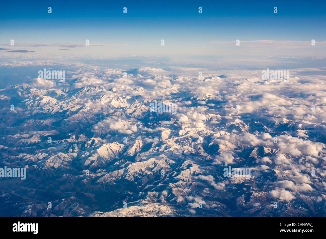 view to french and spanish pyrenees with snow covered mountains Stock ...