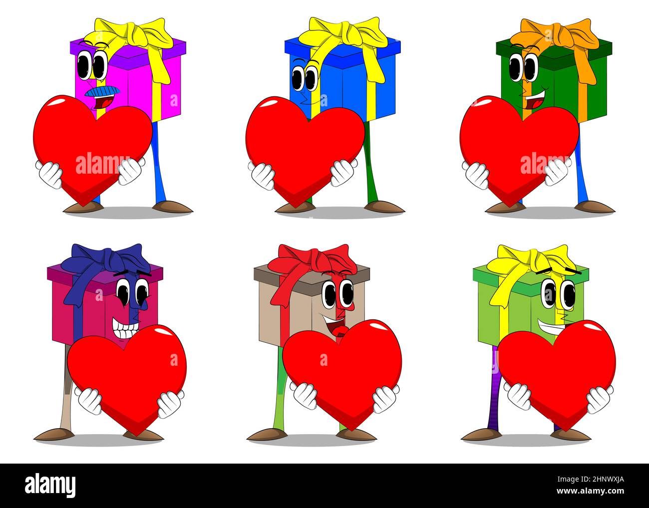 Gift Box with holding a big red heart as a cartoon character. Holiday ...