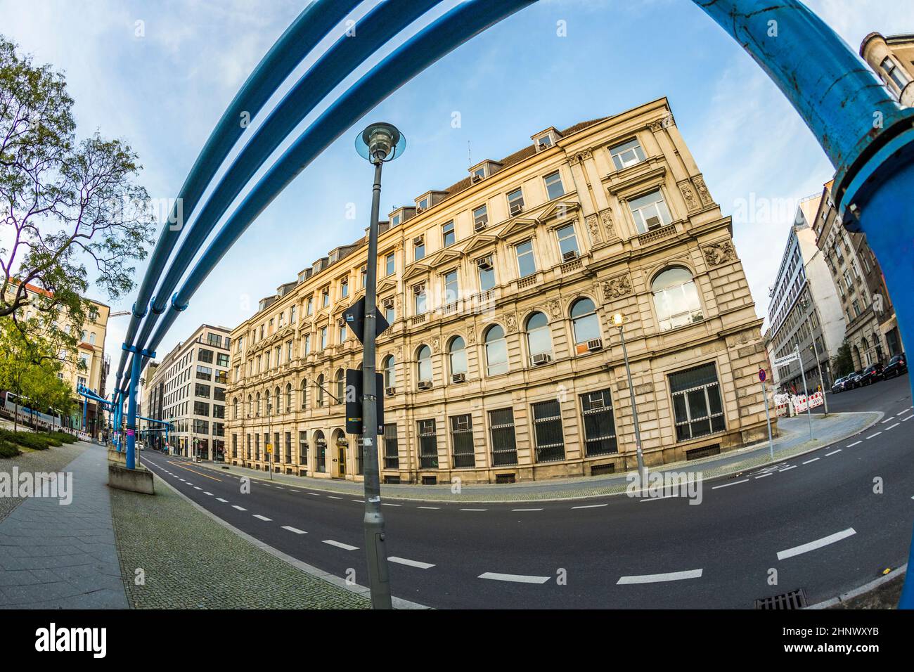 view to typical old buildings in Berlin Mitte with blue water pipelines ...