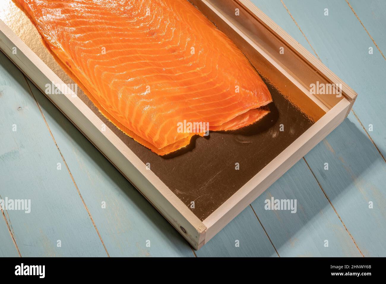 Smoked wild sockeye salmon inside wooden box Stock Photo - Alamy
