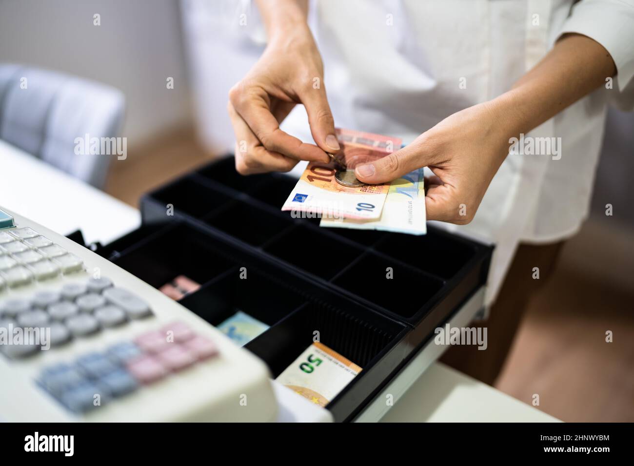 Cashier Hand Working With Cash Register Changing Money Bill Stock Photo ...