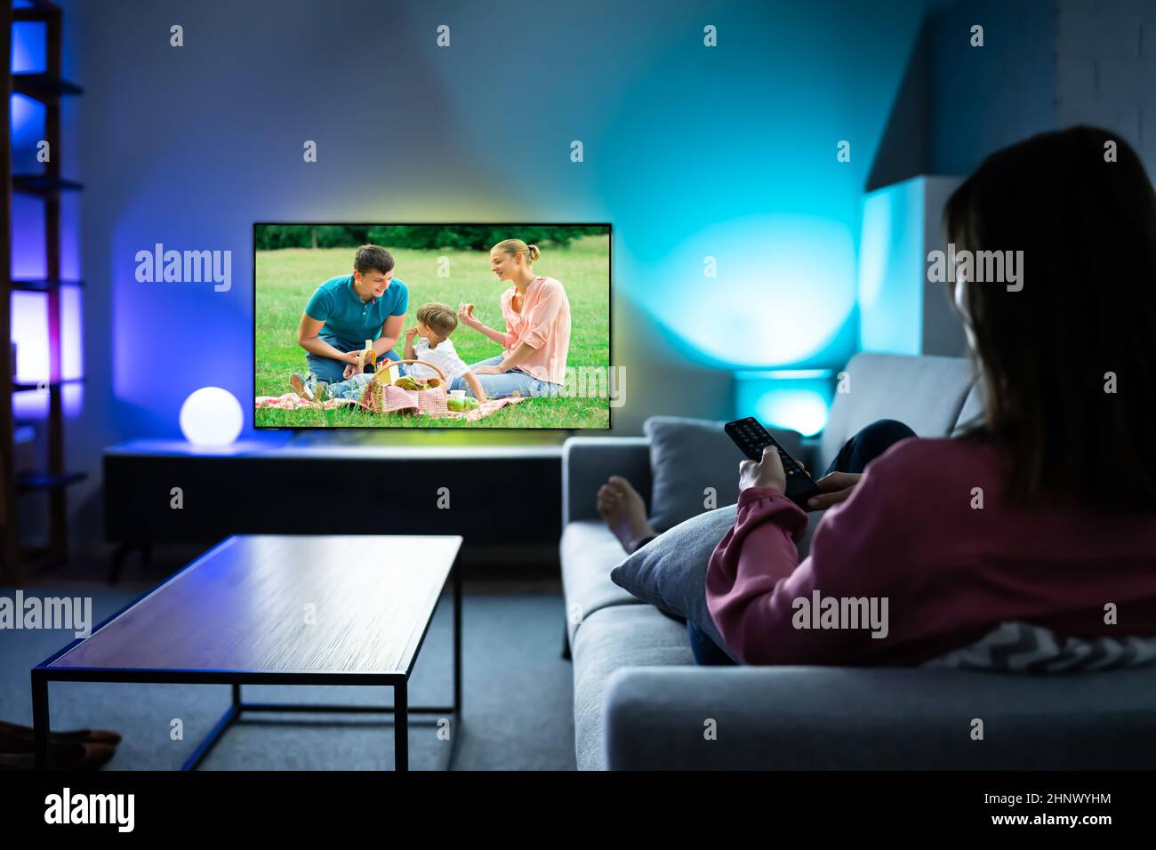 Smart Led TV In Living Room At Night Stock Photo - Alamy