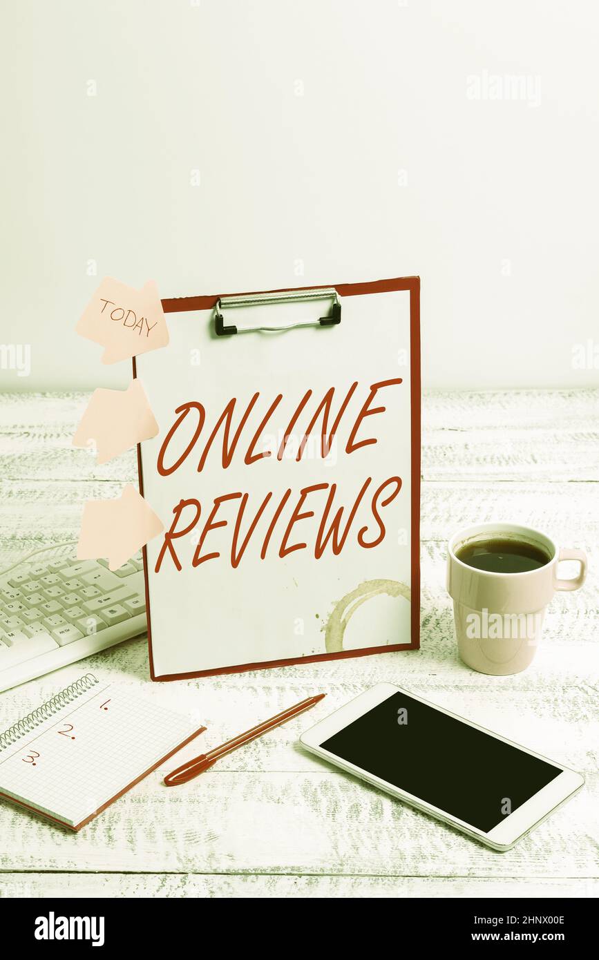 Hand writing sign Online Reviews, Business showcase Product evaluation ...