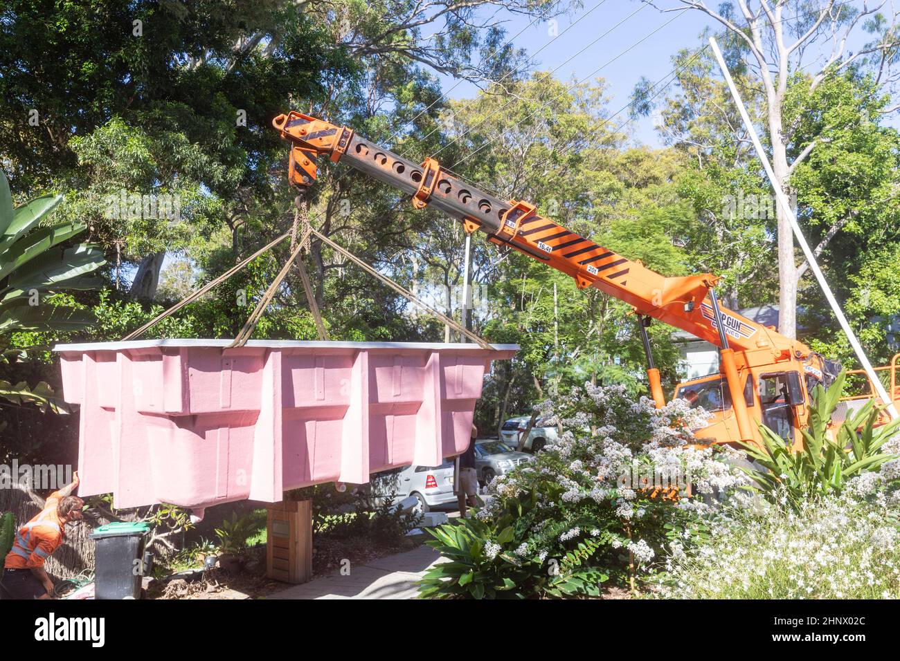 Sydney,fibreglass swimming pool being carried lifted by mobile crane ...