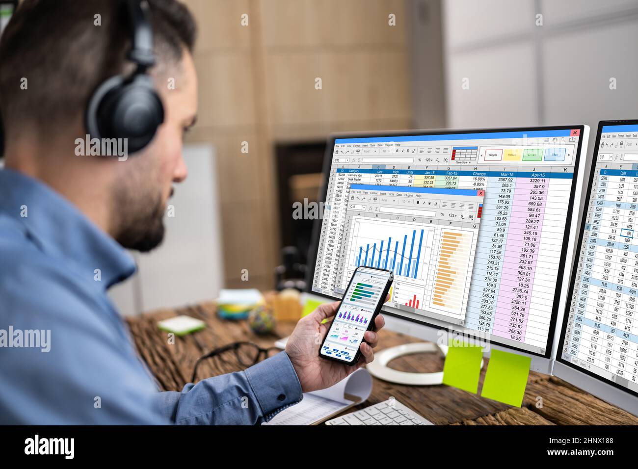 Computer Spreadsheet Data Analyst Man Using Multiple Screens Stock ...