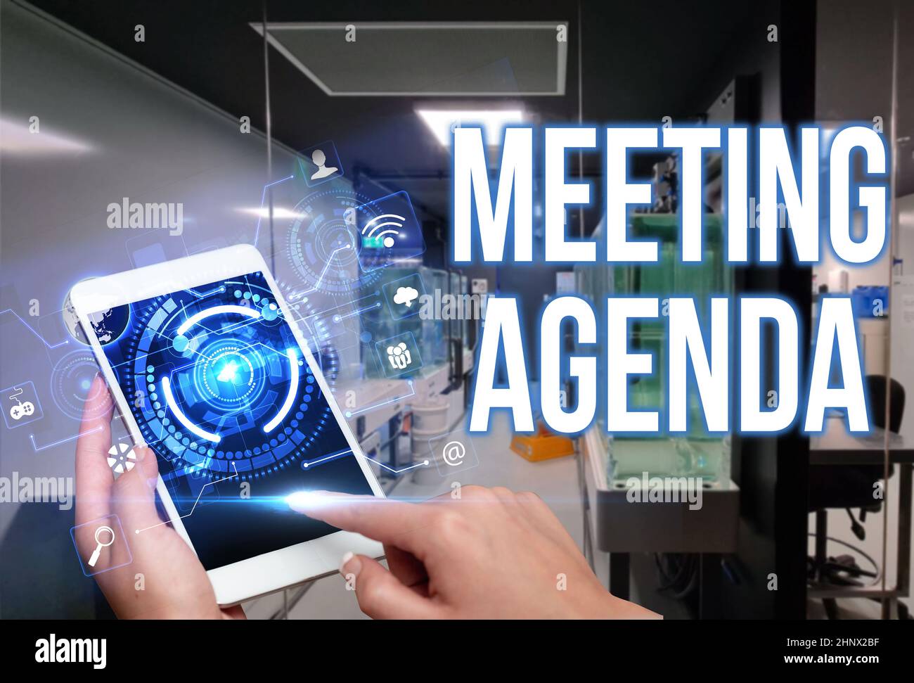 Hand writing sign Meeting Agenda, Internet Concept items that ...