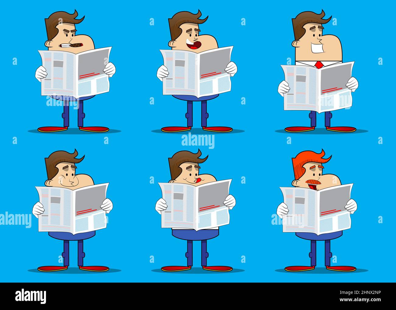 Simple retro cartoon of a businessman reading newspaper. Professional ...