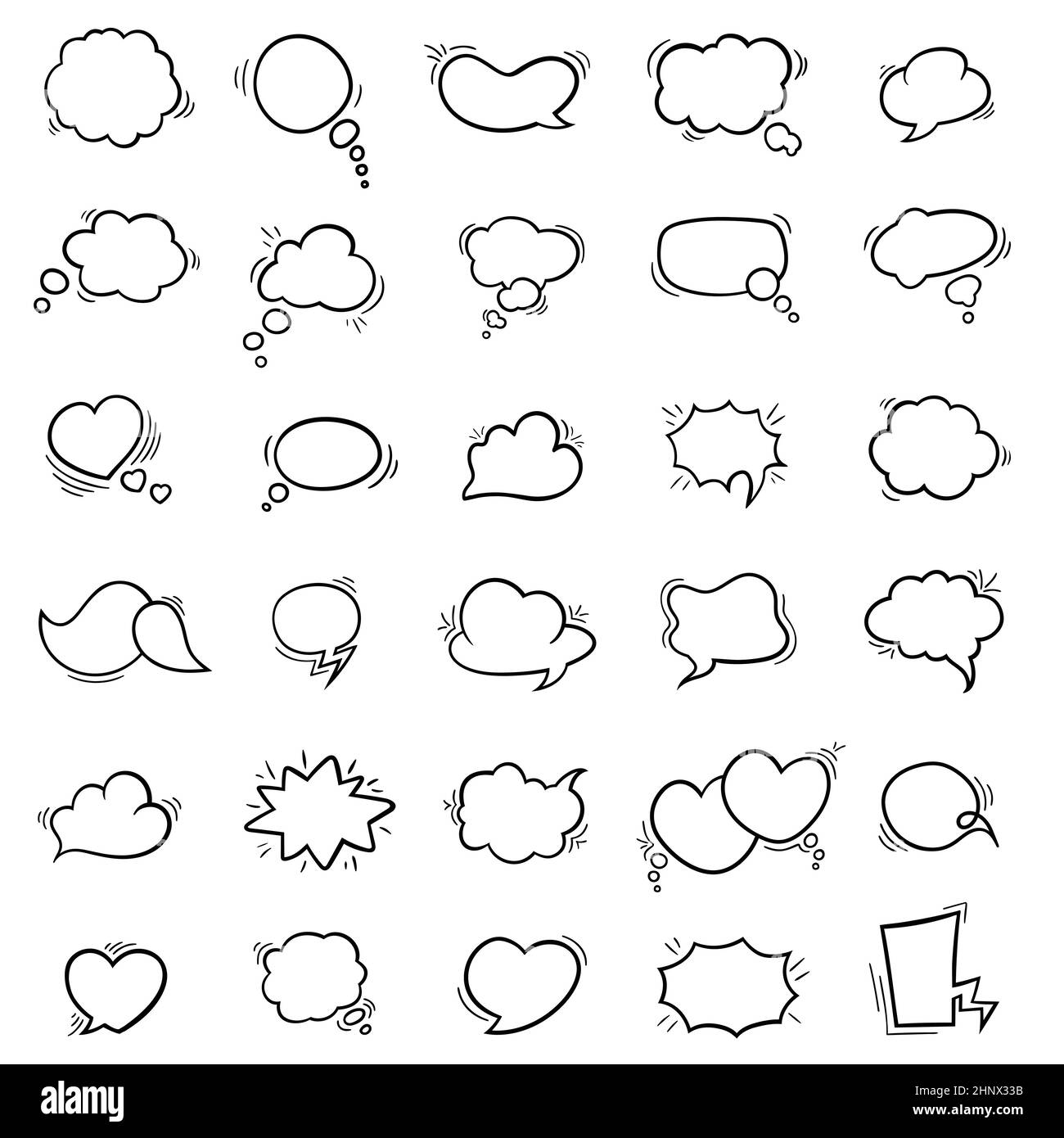 Set of hand drawn black colored linear speech balloons or chat bubbles ...