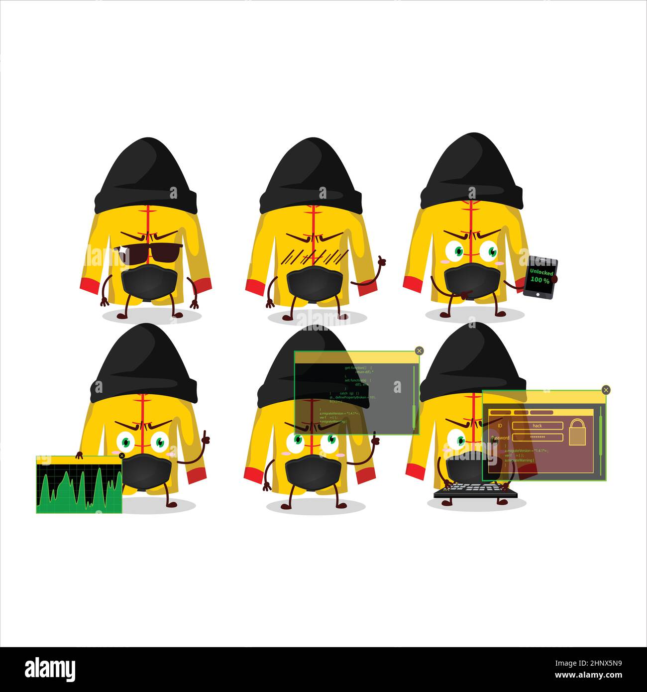 A Hacker yellow chinese traditional costume character mascot with ...