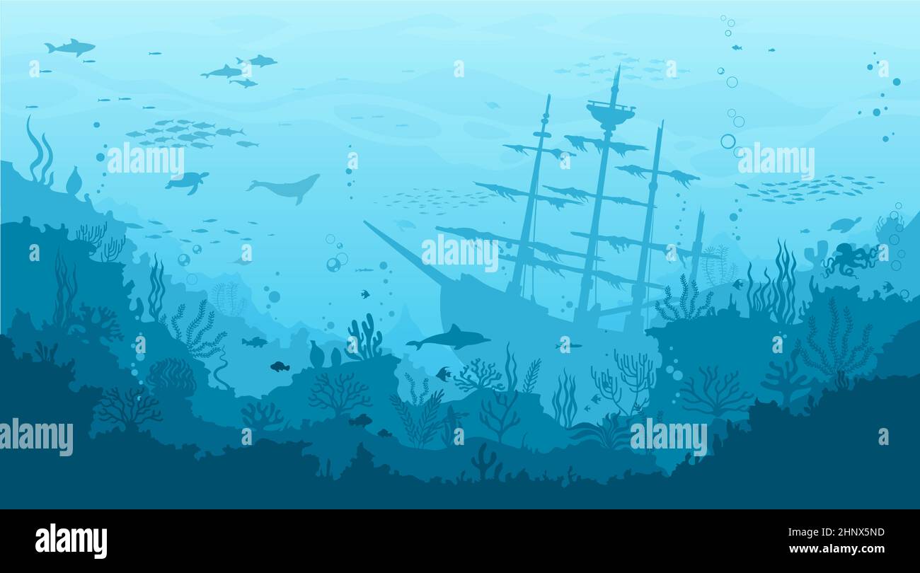 Ocean underwater landscape with sunken sailing ship, seaweed and reef ...