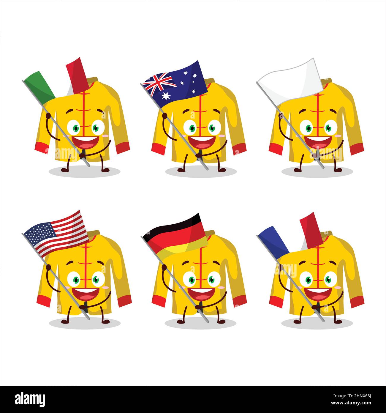 Yellow Chinese Traditional Costume Cartoon Character Bring The Flags Of