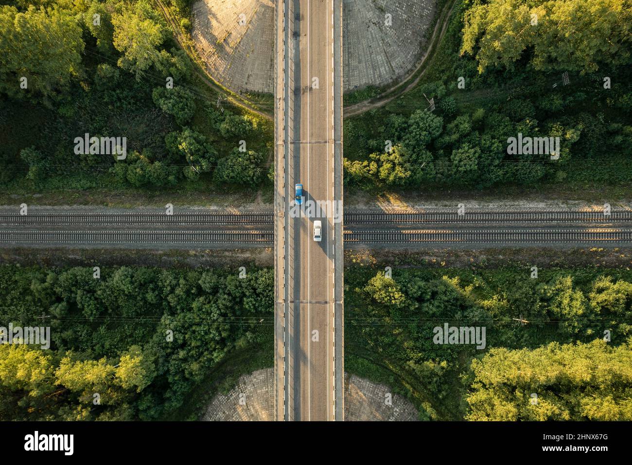 Aerial top down view over highway viaduct via railway. Drone view of ...